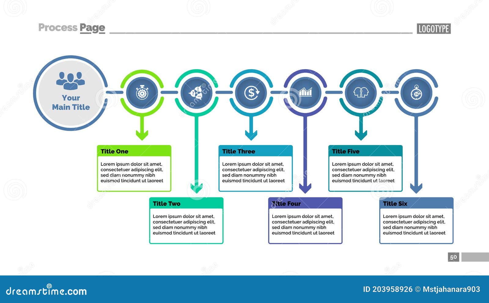 Six Steps Process Chart Slide Template Stock Vector - Illustration of ...