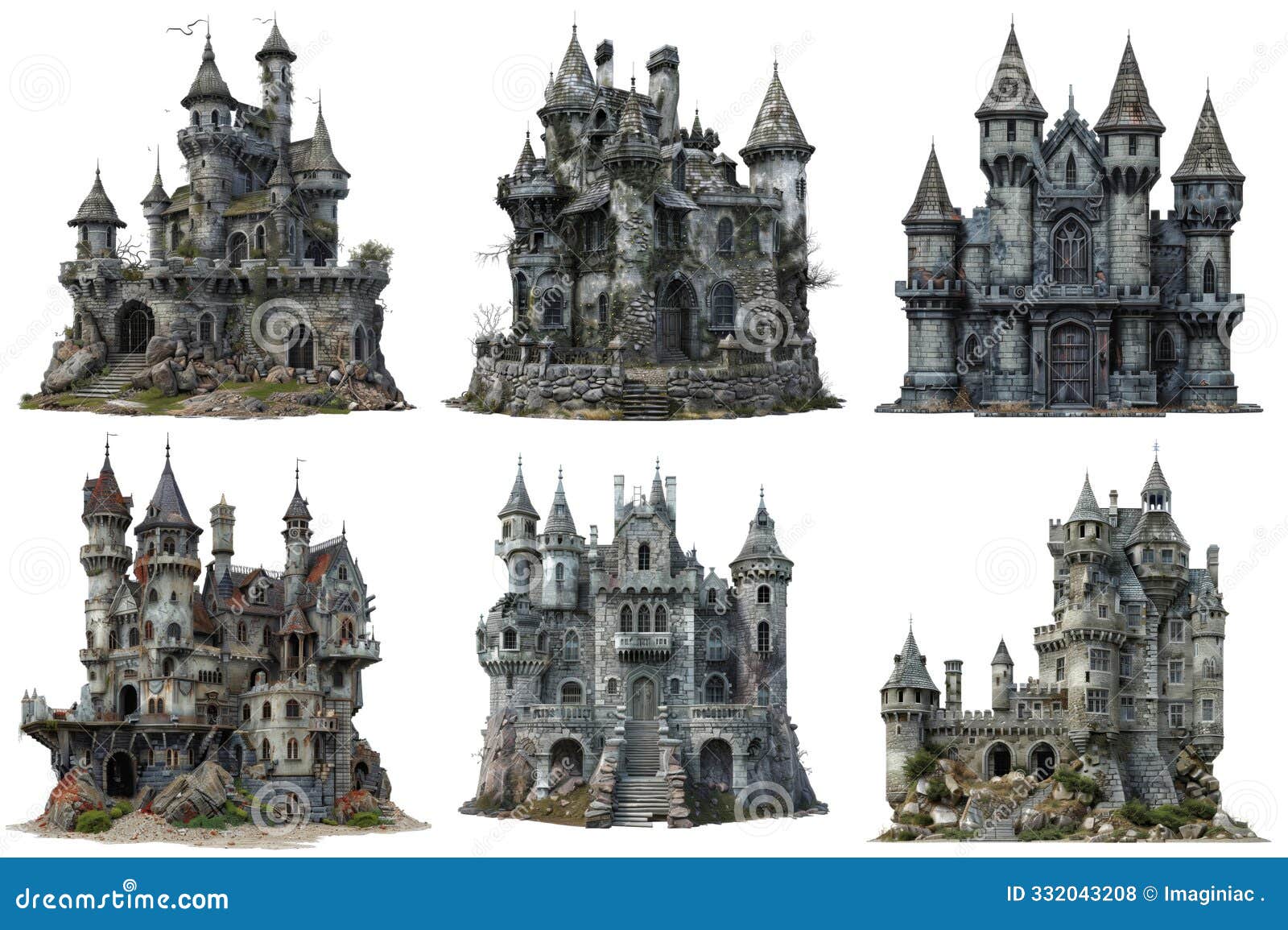 Six Stone Castles with Weathered Facades and Towers Stock Illustration ...