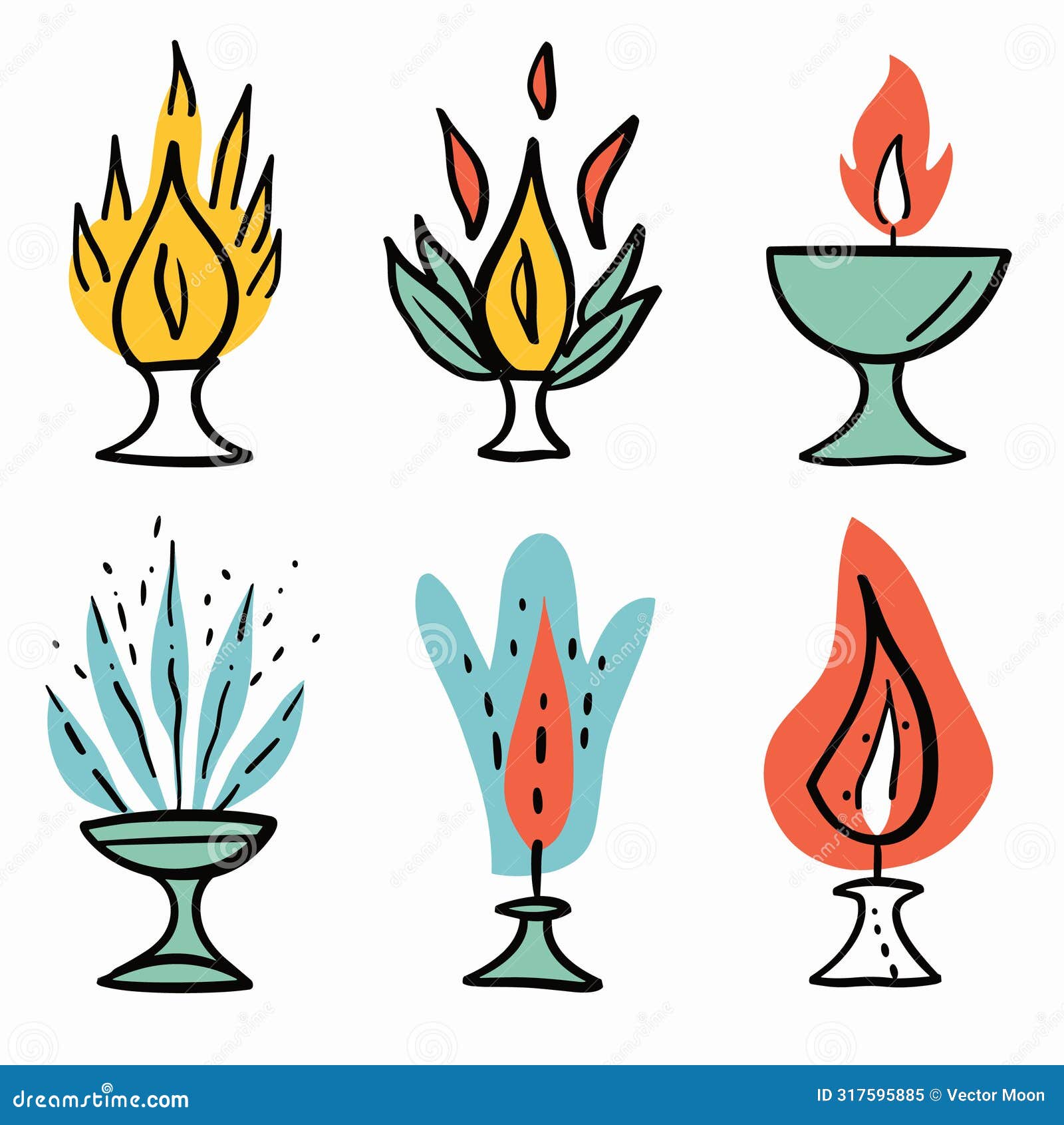 Six Stylized Icons Representing Different Types Flames Splashes Cups ...