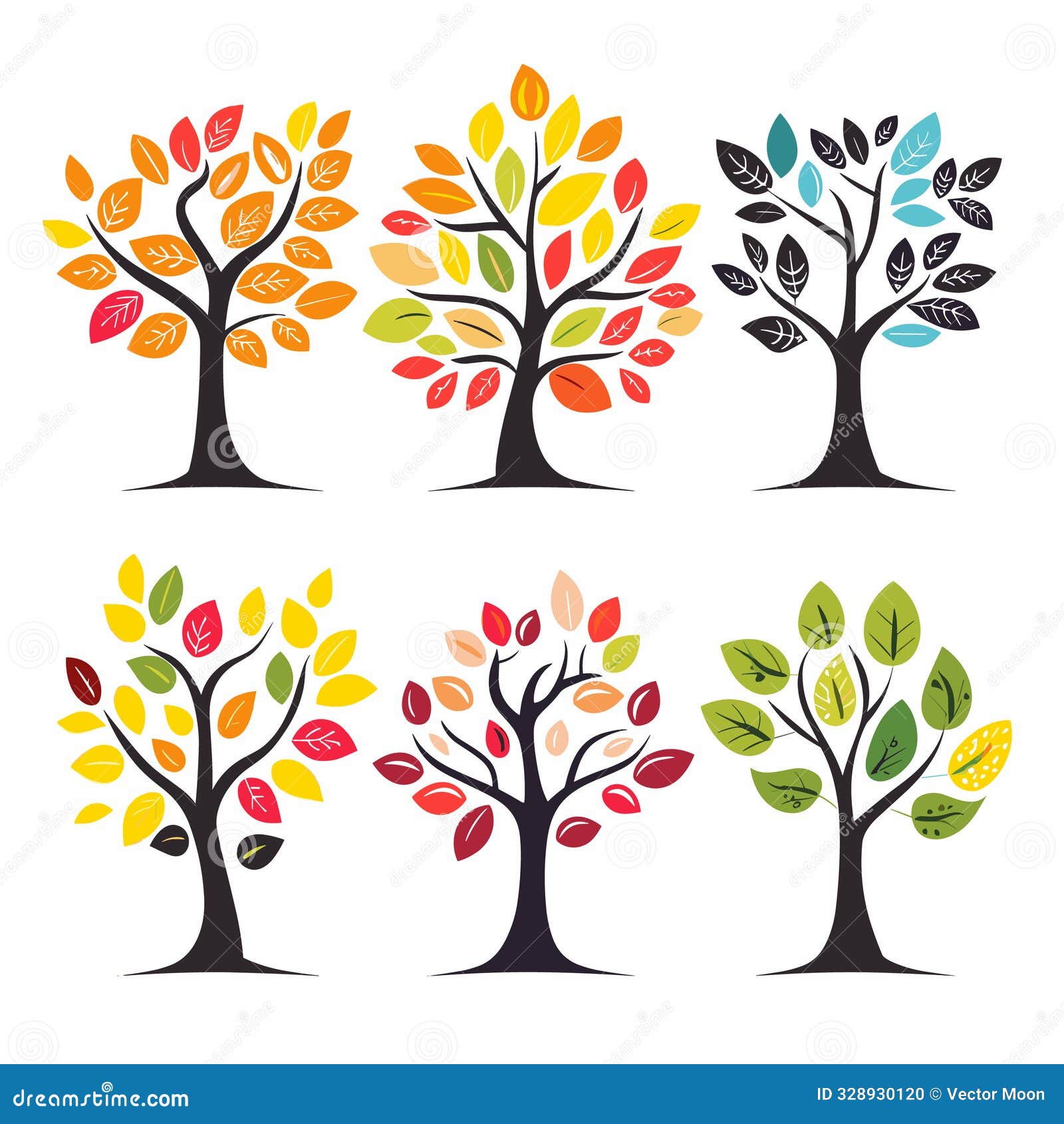 Six Stylized Trees Showcasing Different Color Leaves, Representing ...