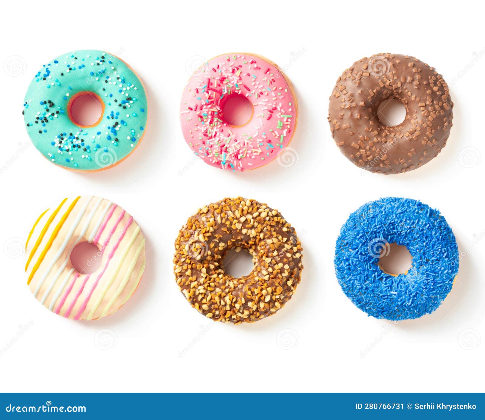 Six Sweet Donuts of Different Colors in a Top View Stock Illustration ...
