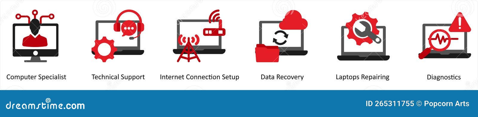 Six Technology Icons in Red and Black As Computer Specialist, Technical ...