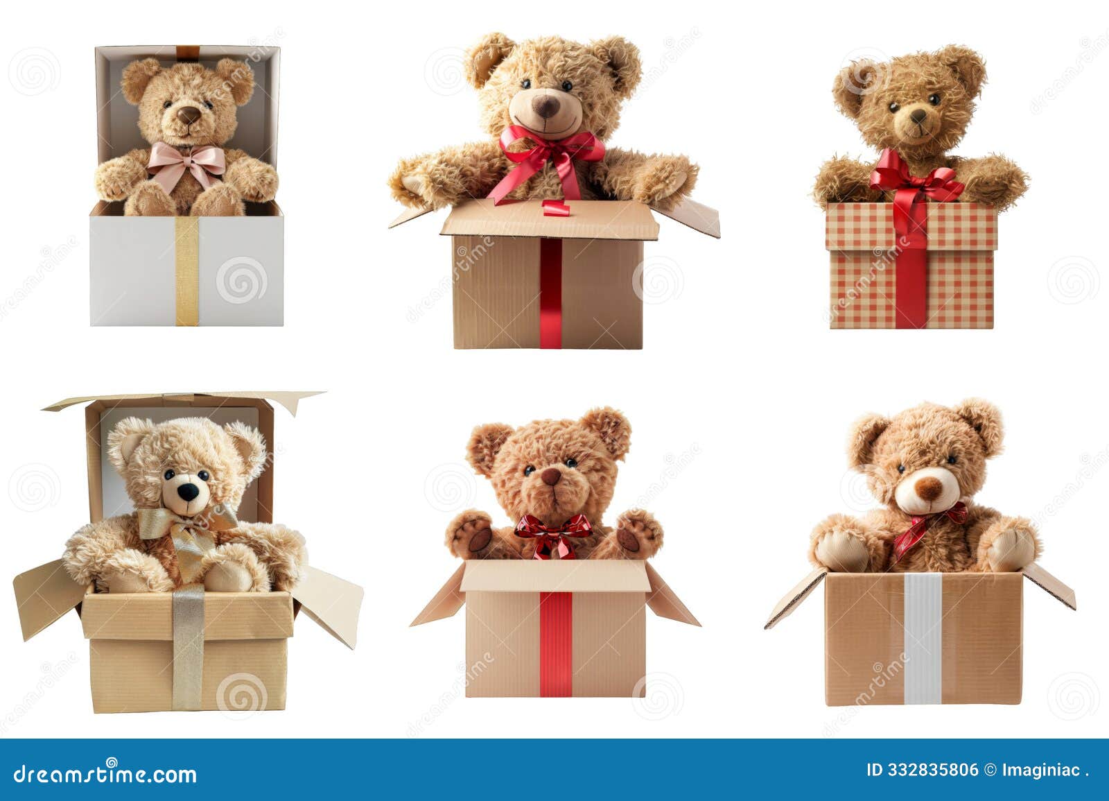 Six Teddy Bears in Open Cardboard Boxes with Ribbons Stock Illustration ...