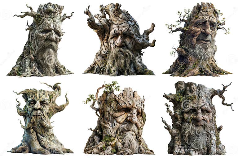 Six Tree Sculptures with Human-Like Faces Stock Illustration ...