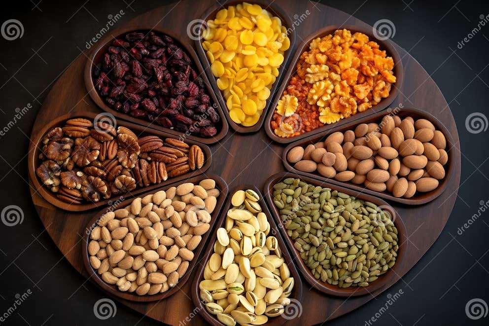 Six Types of Nuts Neatly Divided into Sections for Comparison Stock ...