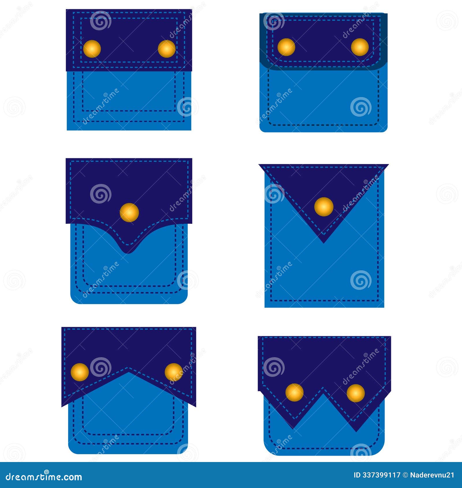 Six Types Of Pockets With Flaps And Buttons Cartoon Vector ...