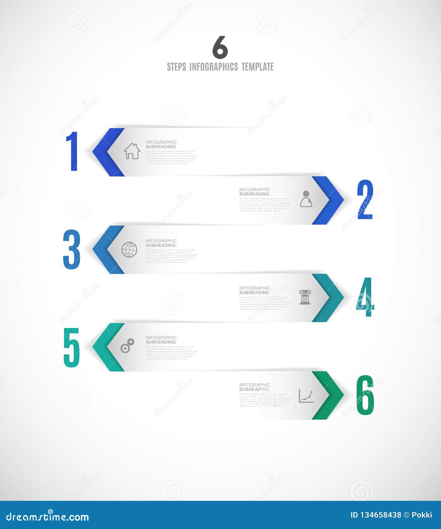 Six Vector Progress Steps Illustration with Arrows, Icons and Place for ...