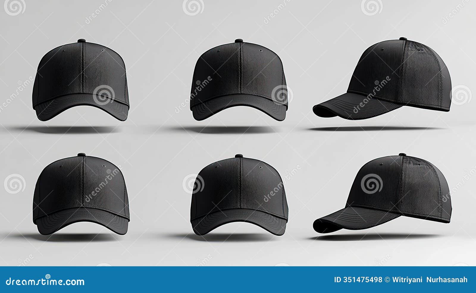 Six Views of a Black Baseball Cap, Front, Side, and Three-quarter ...