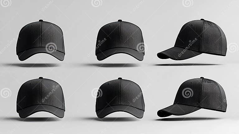 Six Views of a Black Baseball Cap, Front, Side, and Three-quarter ...
