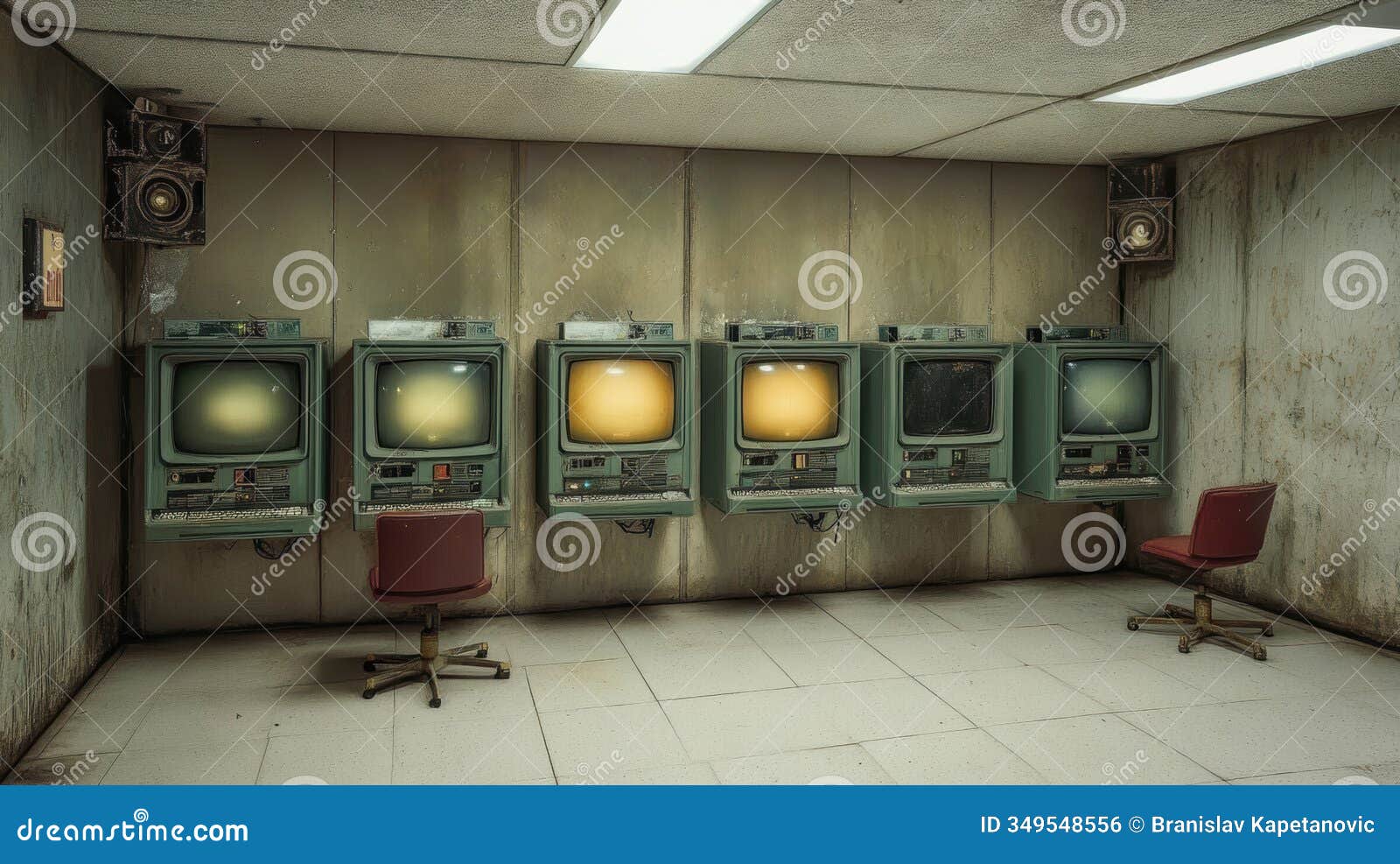 Vintage Nuclear Bunker Control Room with Retro Computers and Office ...