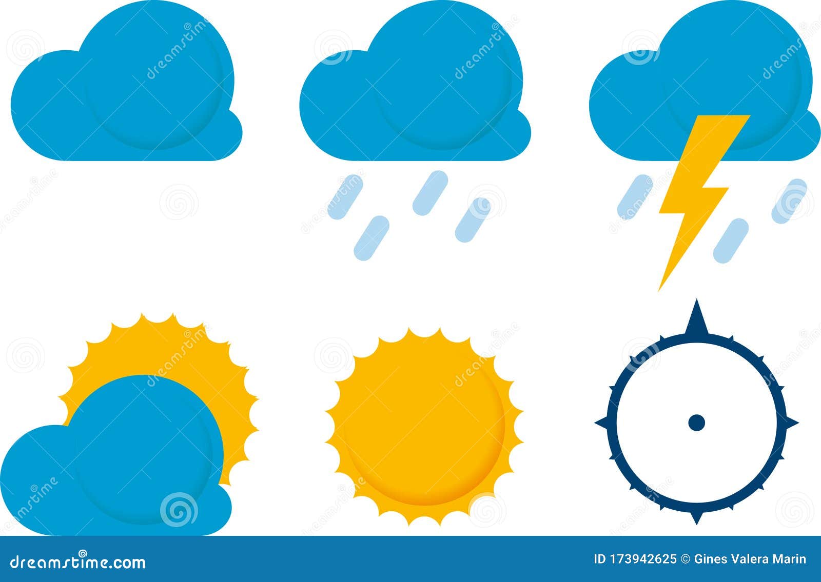 Six Weather Icons in Flat Style. Clouds, Sun and Compass. Stock Vector ...