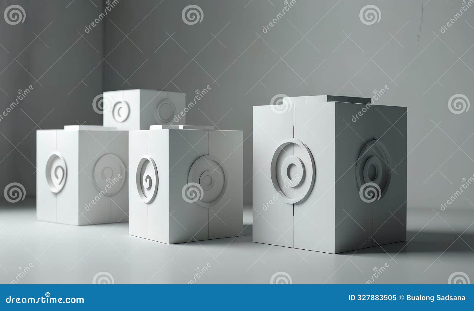 Six White Cubes with Circular Cutouts Arranged in Line, with the ...
