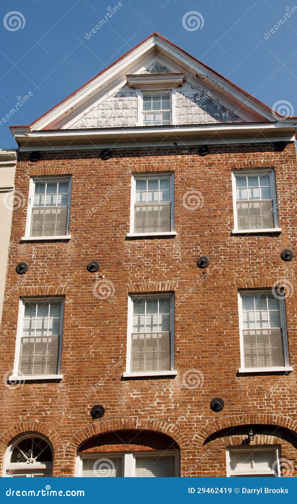 Six Windows on Old Brick Wall Stock Image - Image of details, blue ...