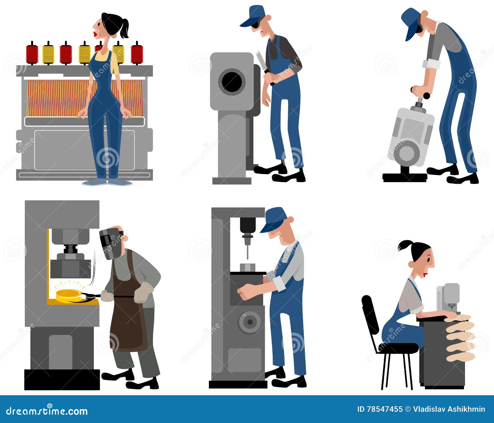 Six workers with machines stock vector. Illustration of cartoon - 78547455