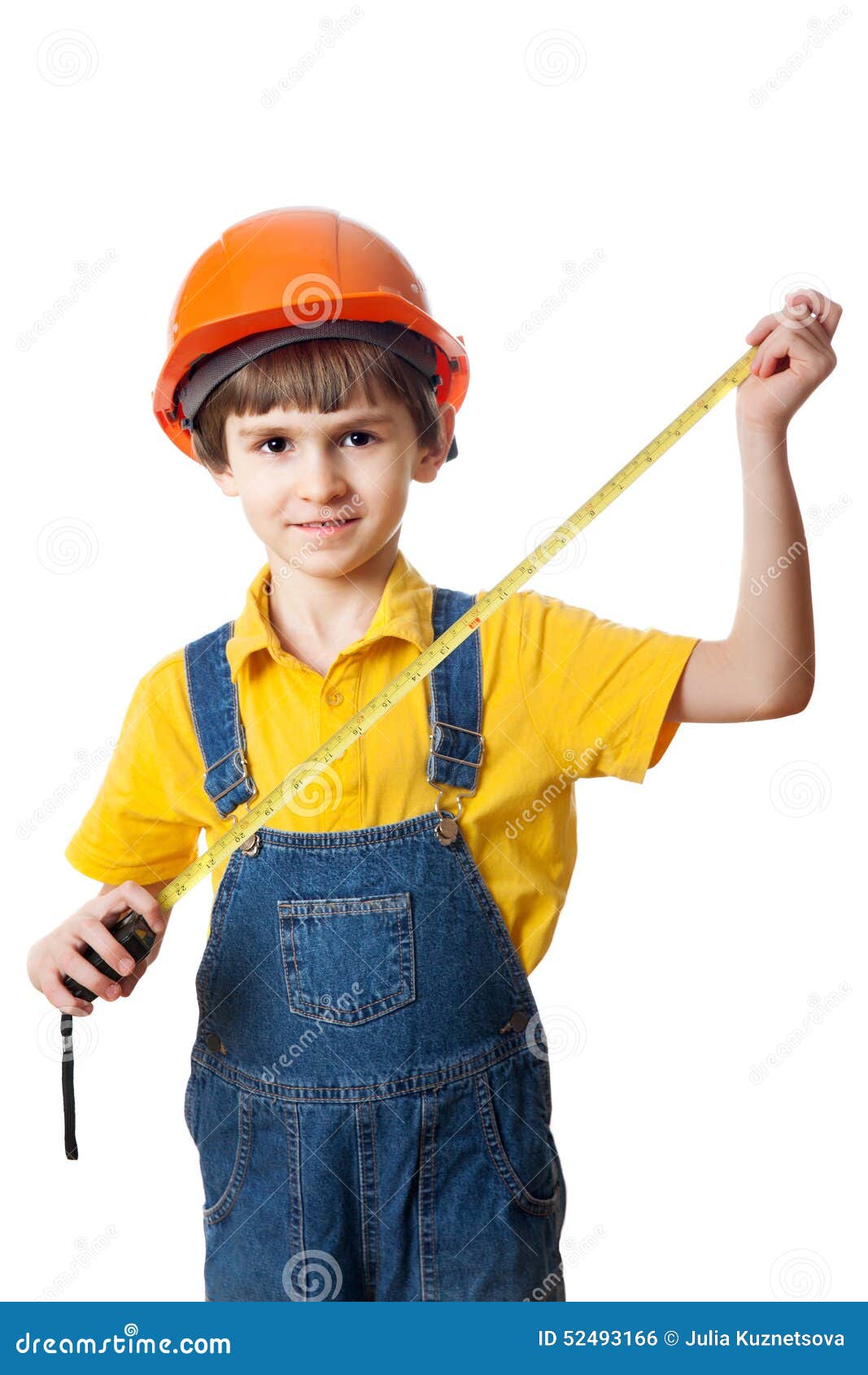 Six-year-old Boy Dressed As Construction Worker With Tape Measure Stock ...