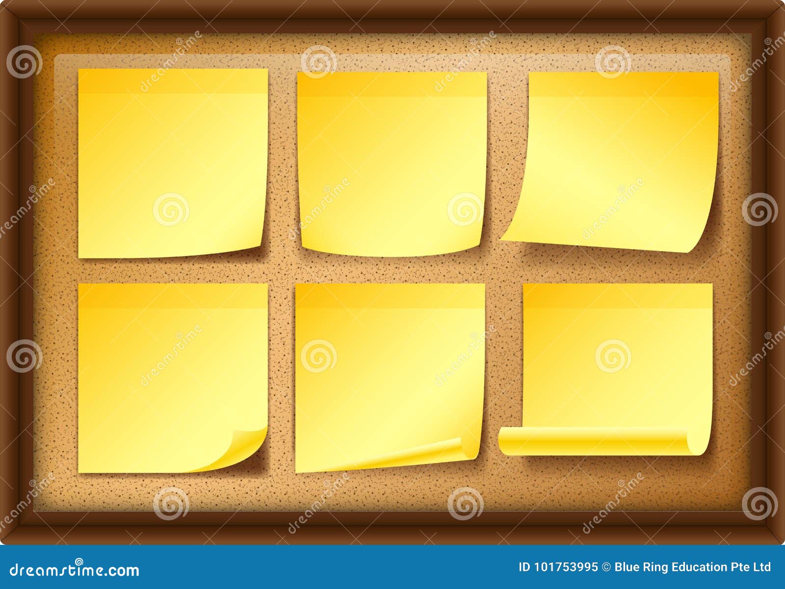 Six yellow notes on board stock vector. Illustration of backdrop ...