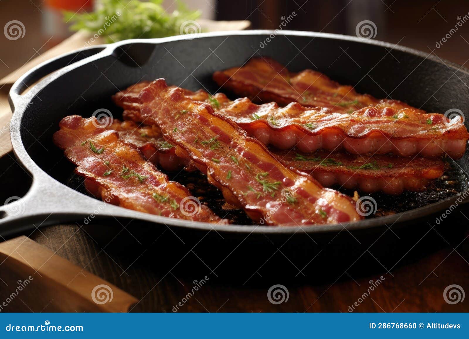 Sizzling Bacon Strips in Non-stick Skillet Stock Photo - Image of ...