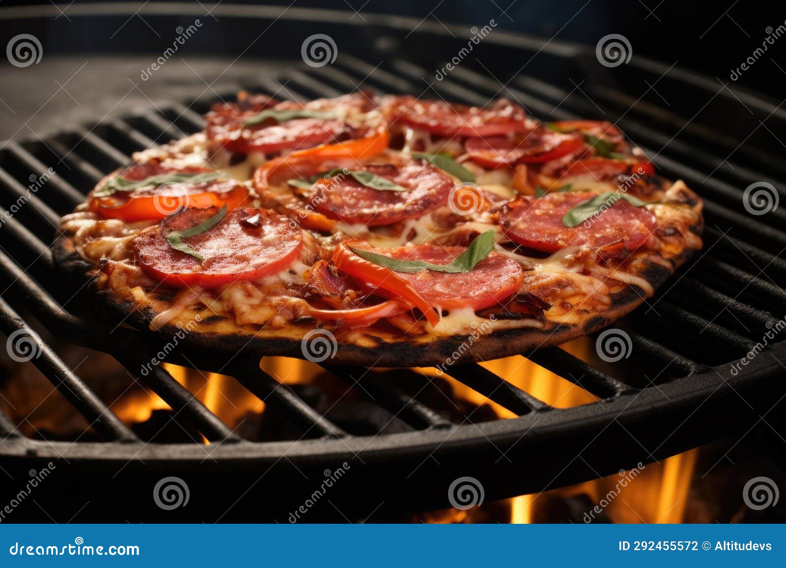 Sizzling Bbq Pizza with Pepperoni on Charcoal Grill Stock Photo - Image ...
