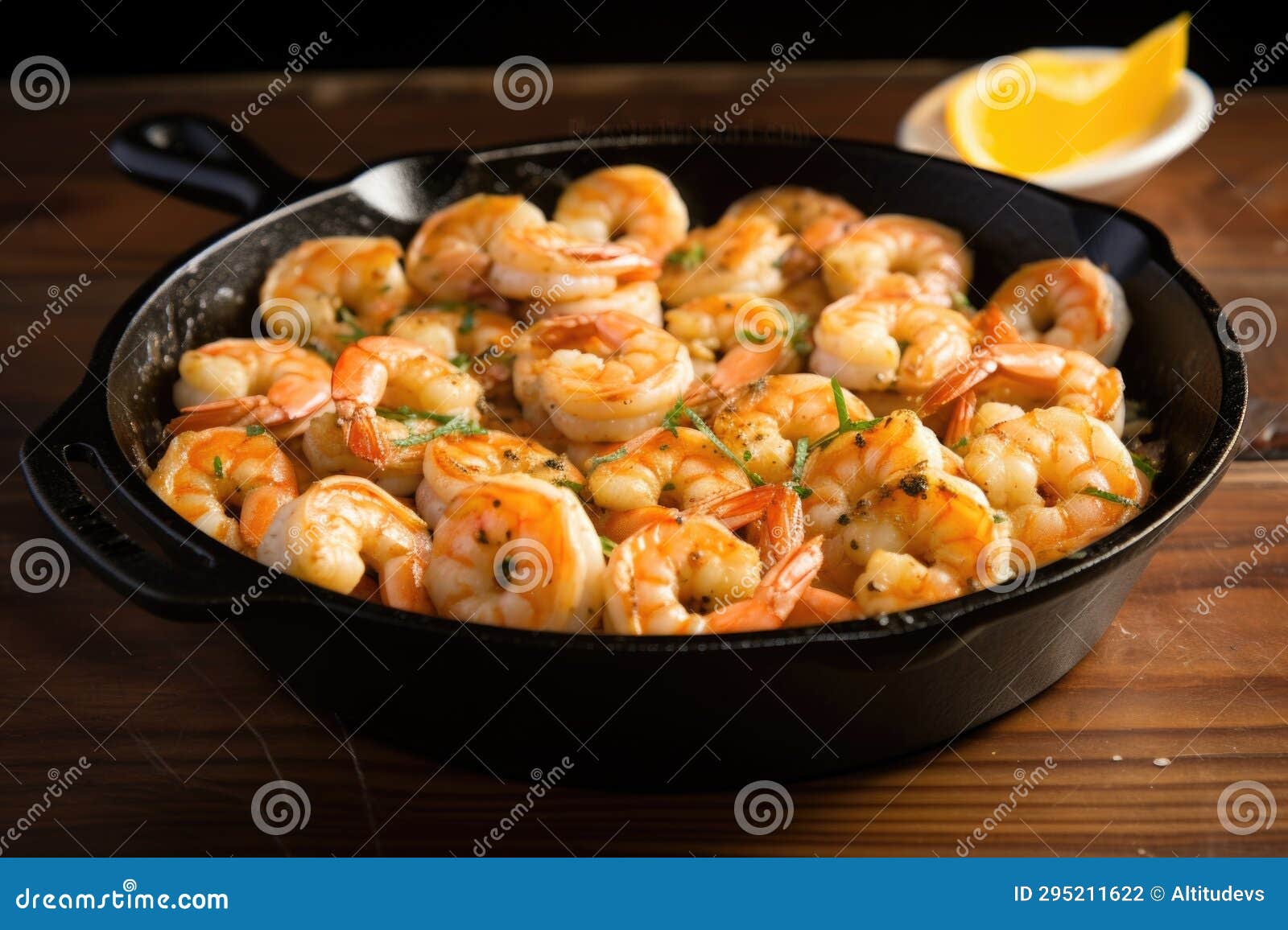 Sizzling Garlic Shrimp in a Small Cast-iron Skillet Stock Photo - Image ...