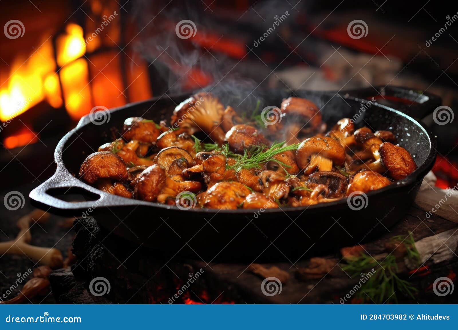 Sizzling Mushrooms in a Cast Iron Pan on Fire Stock Illustration ...