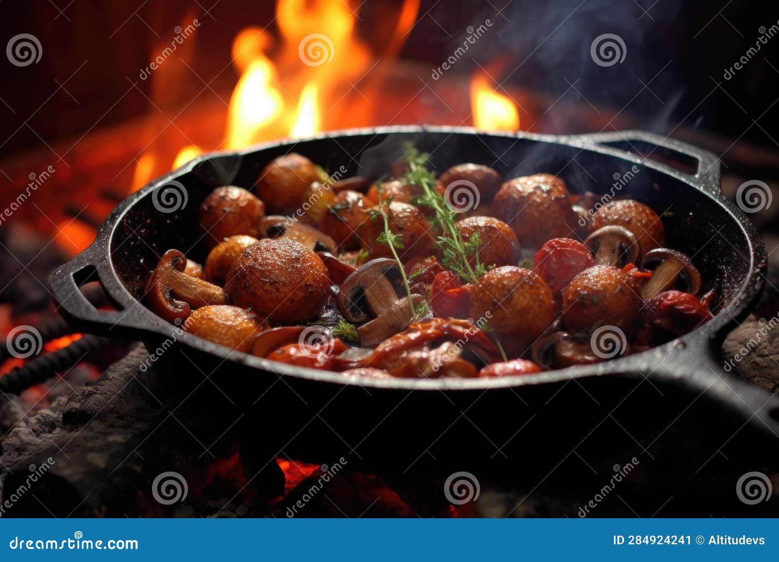 Sizzling Mushrooms in a Cast Iron Pan on Fire Stock Image - Image of ...