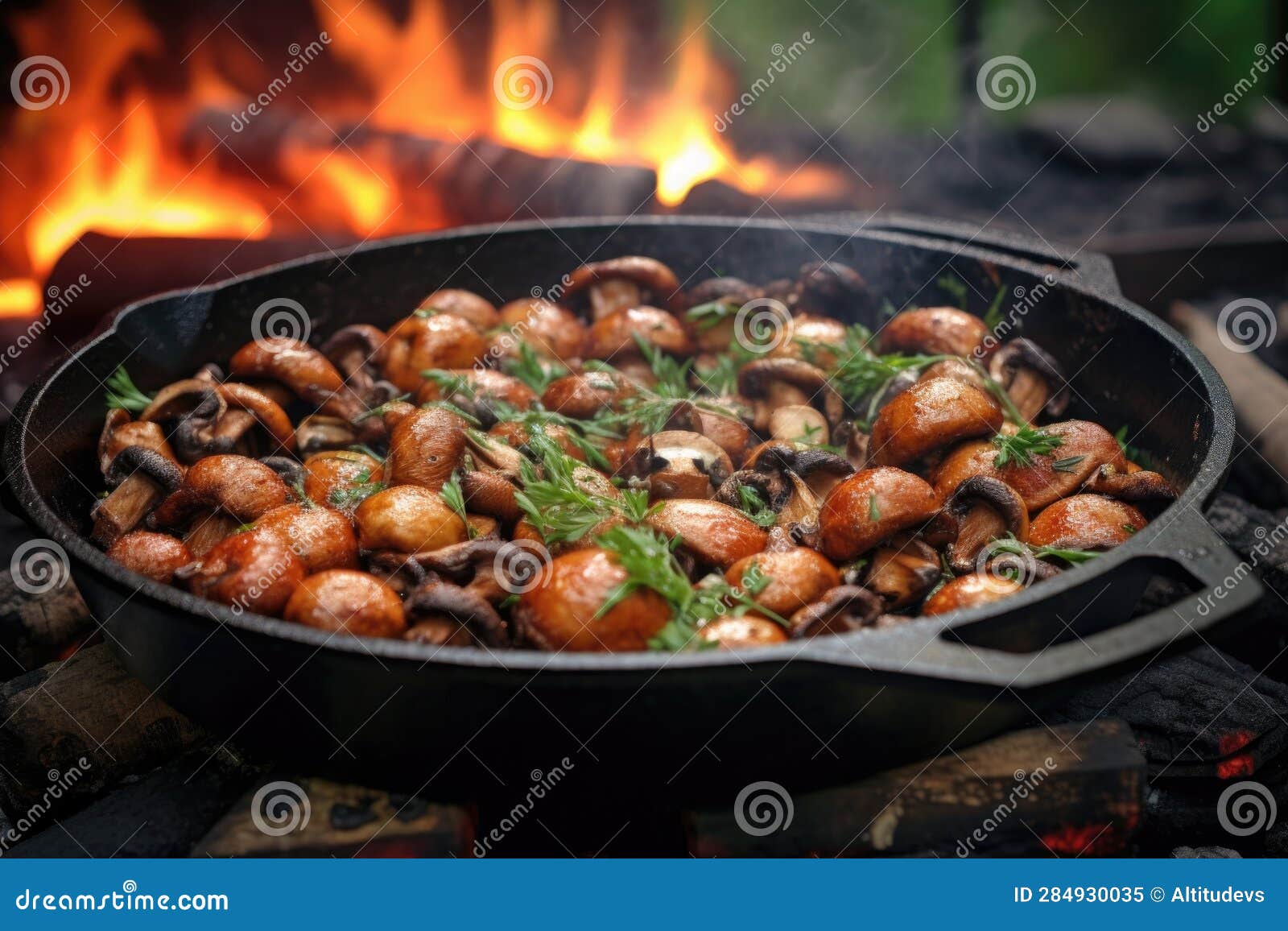 Sizzling Mushrooms in a Cast Iron Pan on Fire Stock Image - Image of ...