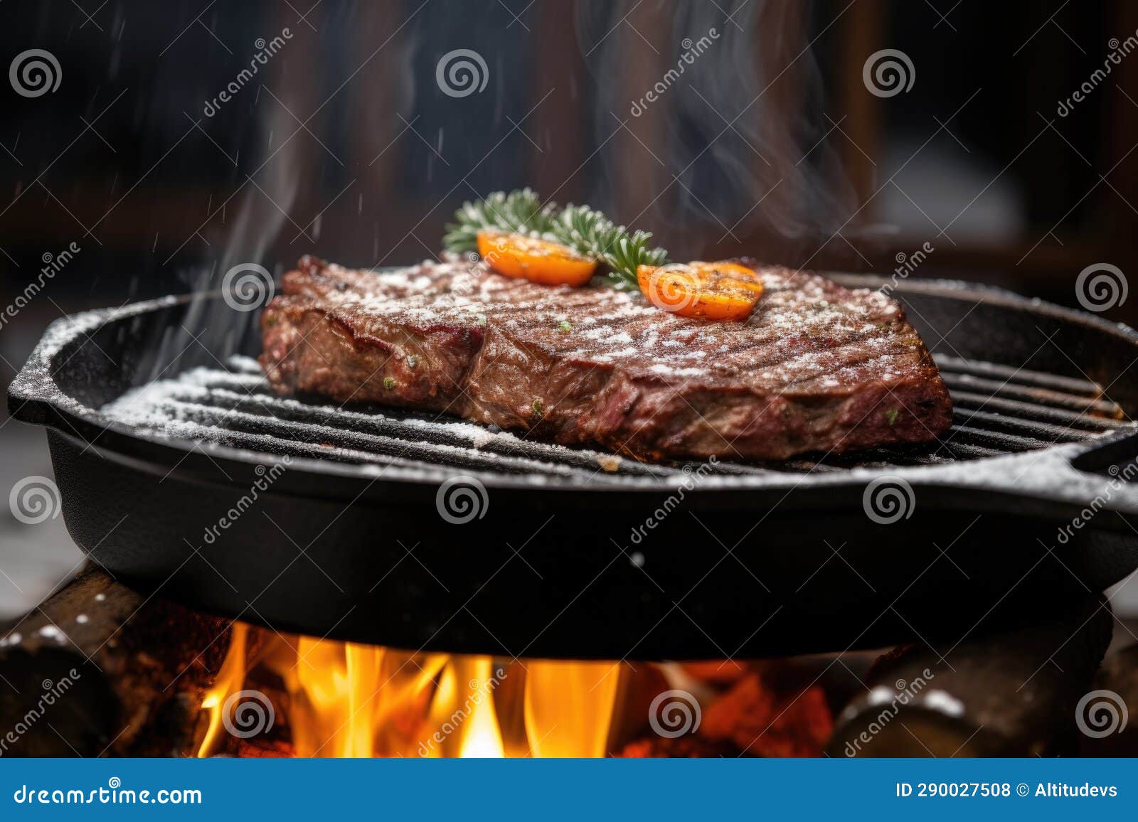 Sizzling Steak on a Cast Iron Grill with Snow in the Background Stock ...