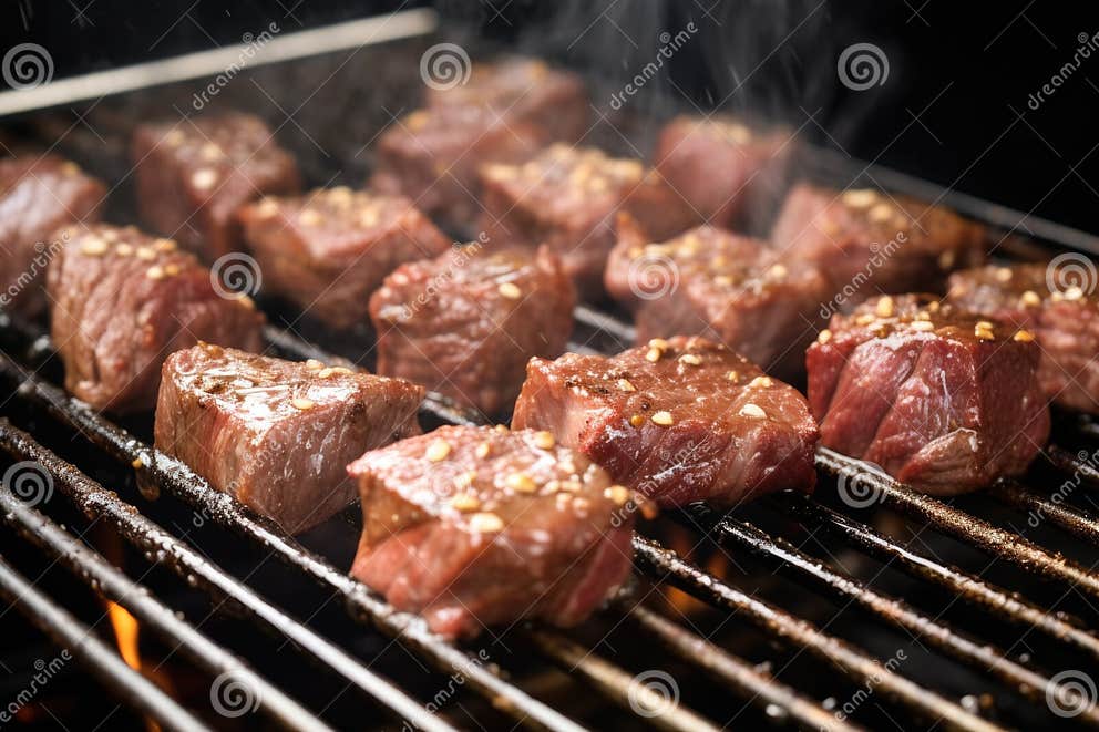 Sizzling Steak Tips with Garlic Glaze Bubbles on Grill Surface Stock ...