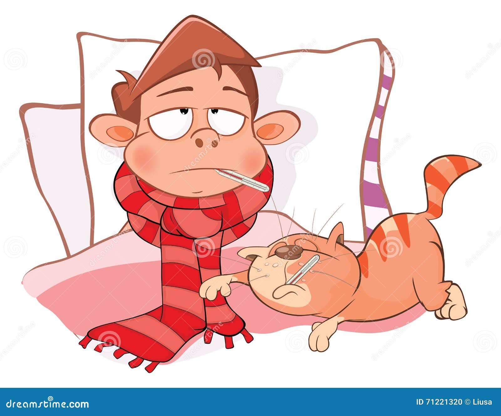 Sjuk pojke och dess katt vektor illustrationer. Illustration av sjuka ...