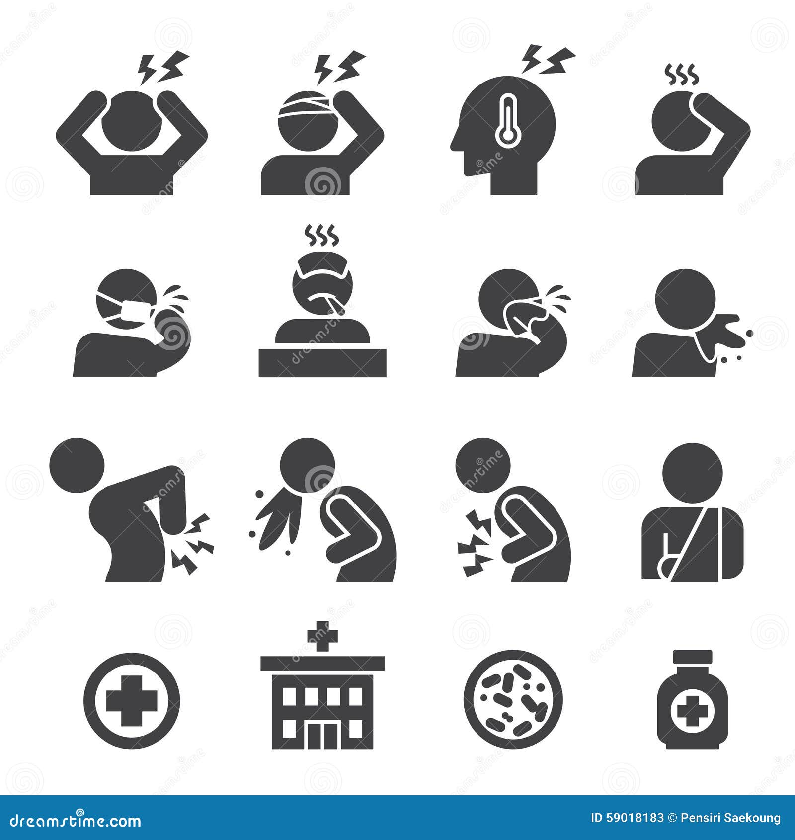 Sjuk symbolsuppsättning vektor illustrationer. Illustration av hosta ...