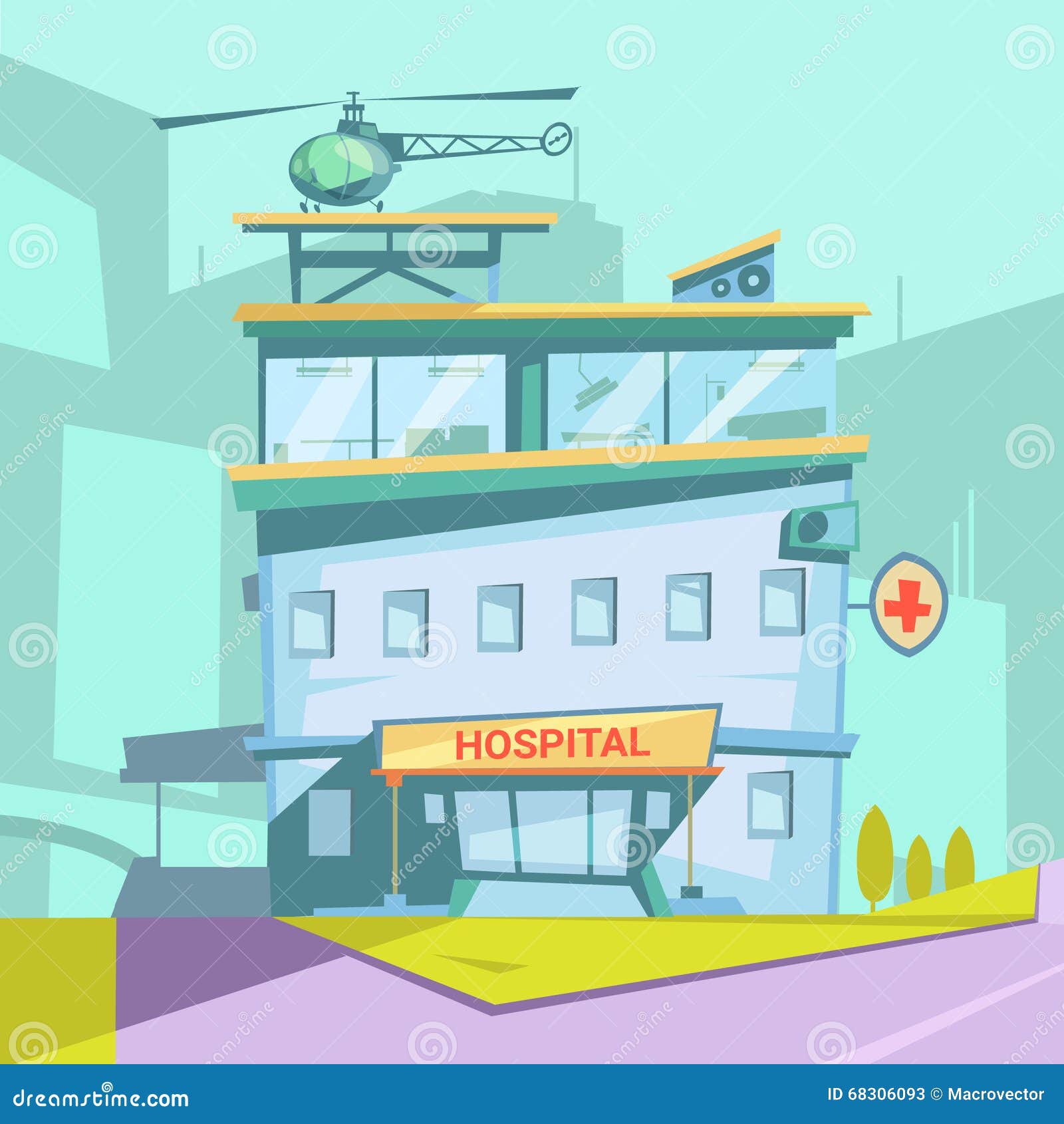 Sjukhus Som Bygger Den Retro Tecknade Filmen Vektor Illustrationer ...