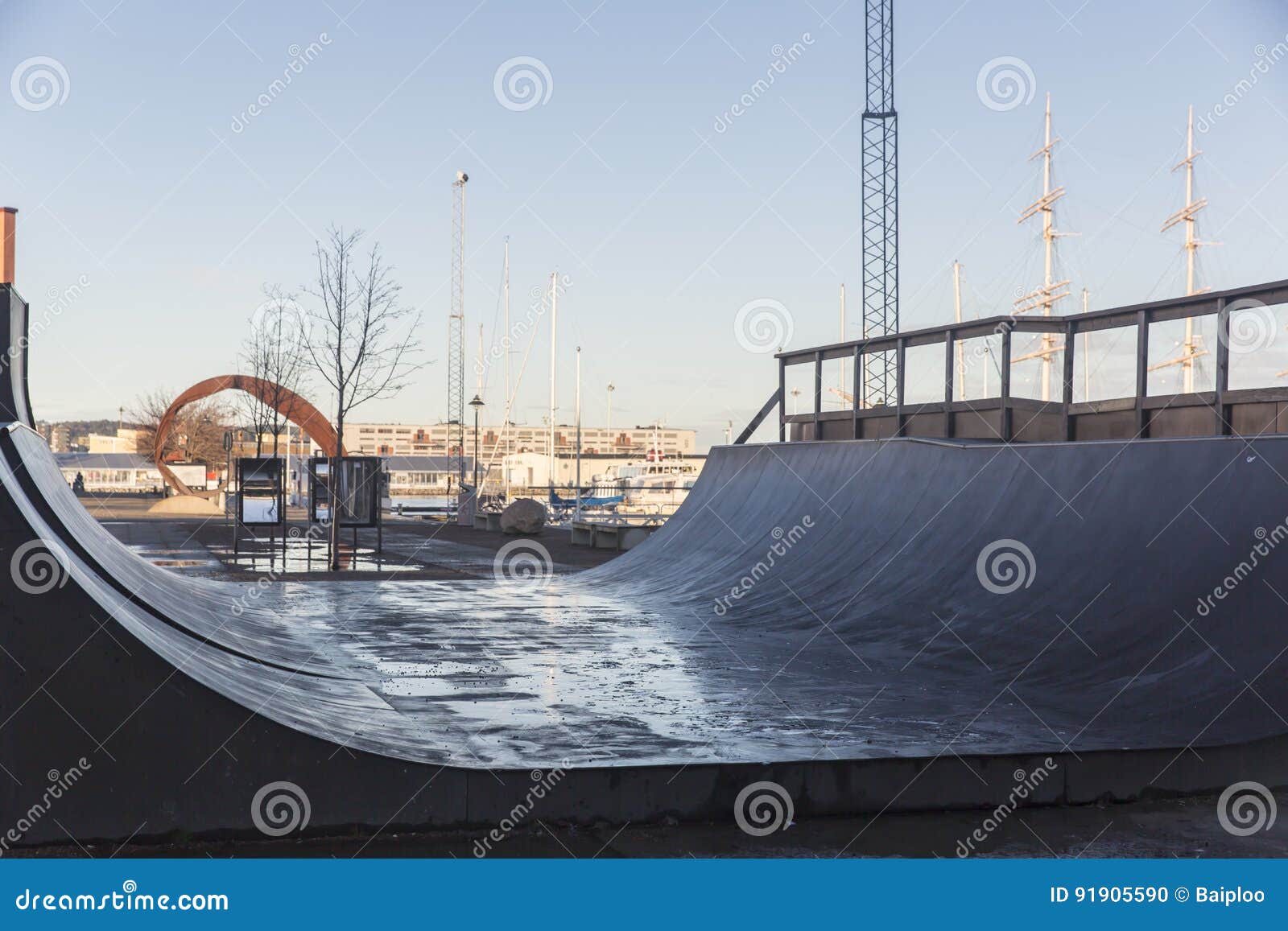 Skate Ramp Field With Beautiful Architecture And Dark Blue Sky ...