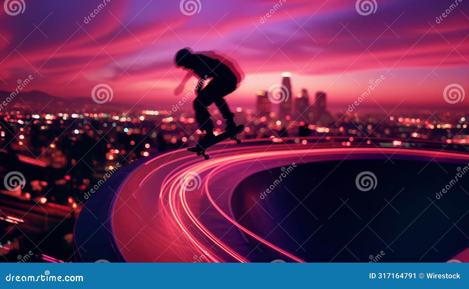 Skateboarder Doing a Trick on a Half-pipe with City Skyline in the ...