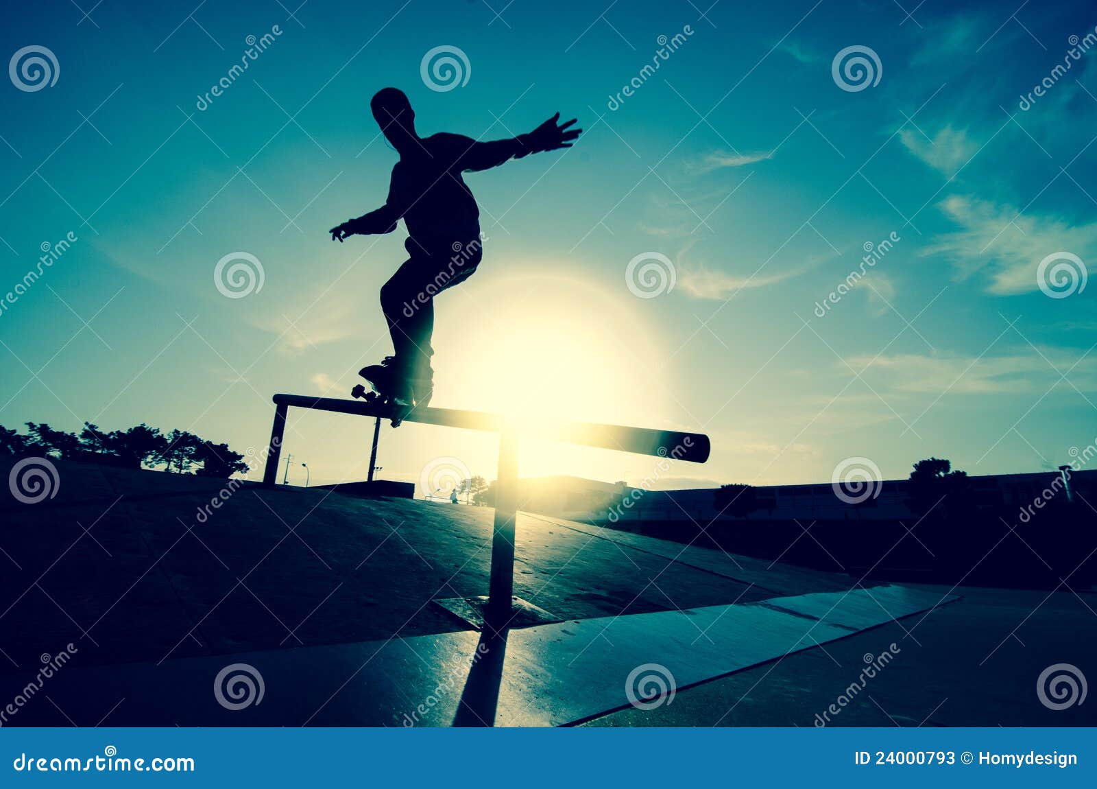 Skateboarder Silhouette on a Grind Stock Image - Image of blue, sports ...