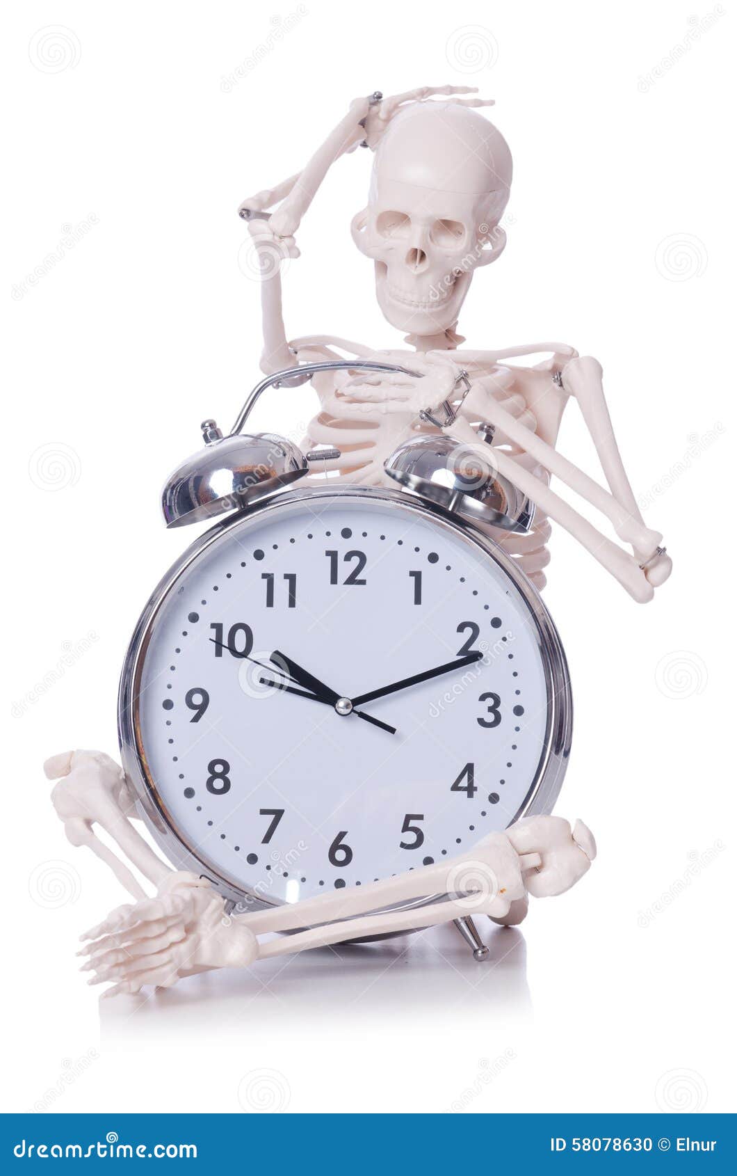 Skeleton with Alarm Clock on the White Stock Photo - Image of overdue ...