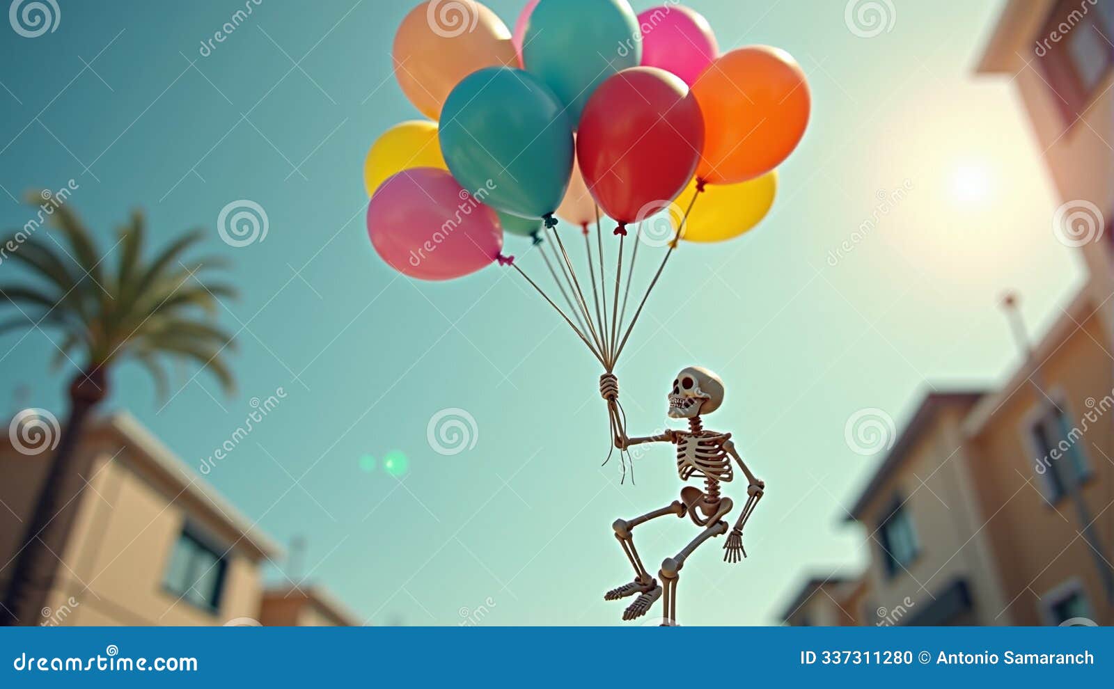 A Skeleton with Balloons Flying into the Sky Stock Illustration ...