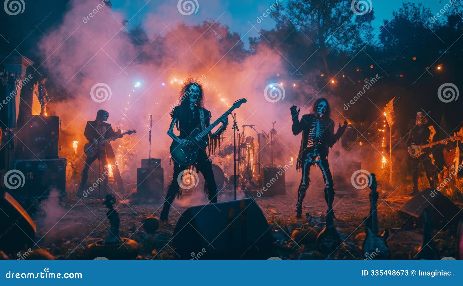 Skeleton Band Performing on Stage in Foggy Night Stock Illustration ...