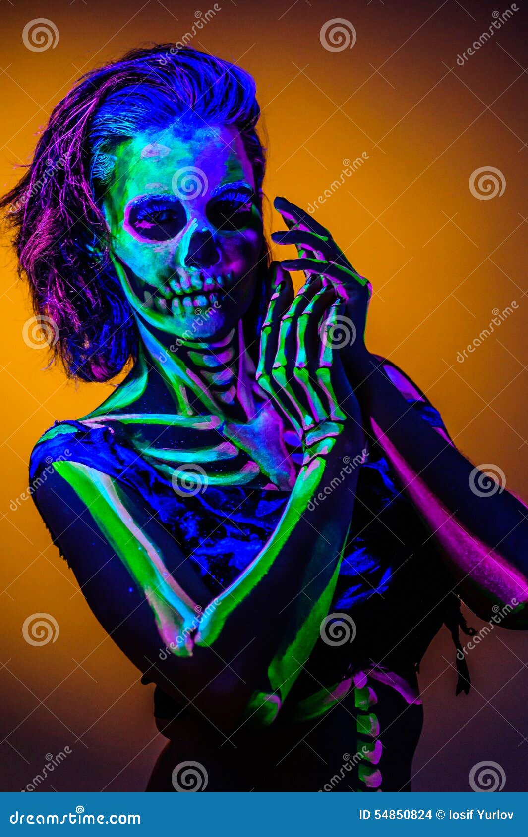 Skeleton Bodyart with Blacklight Stock Photo - Image of skull, pink ...