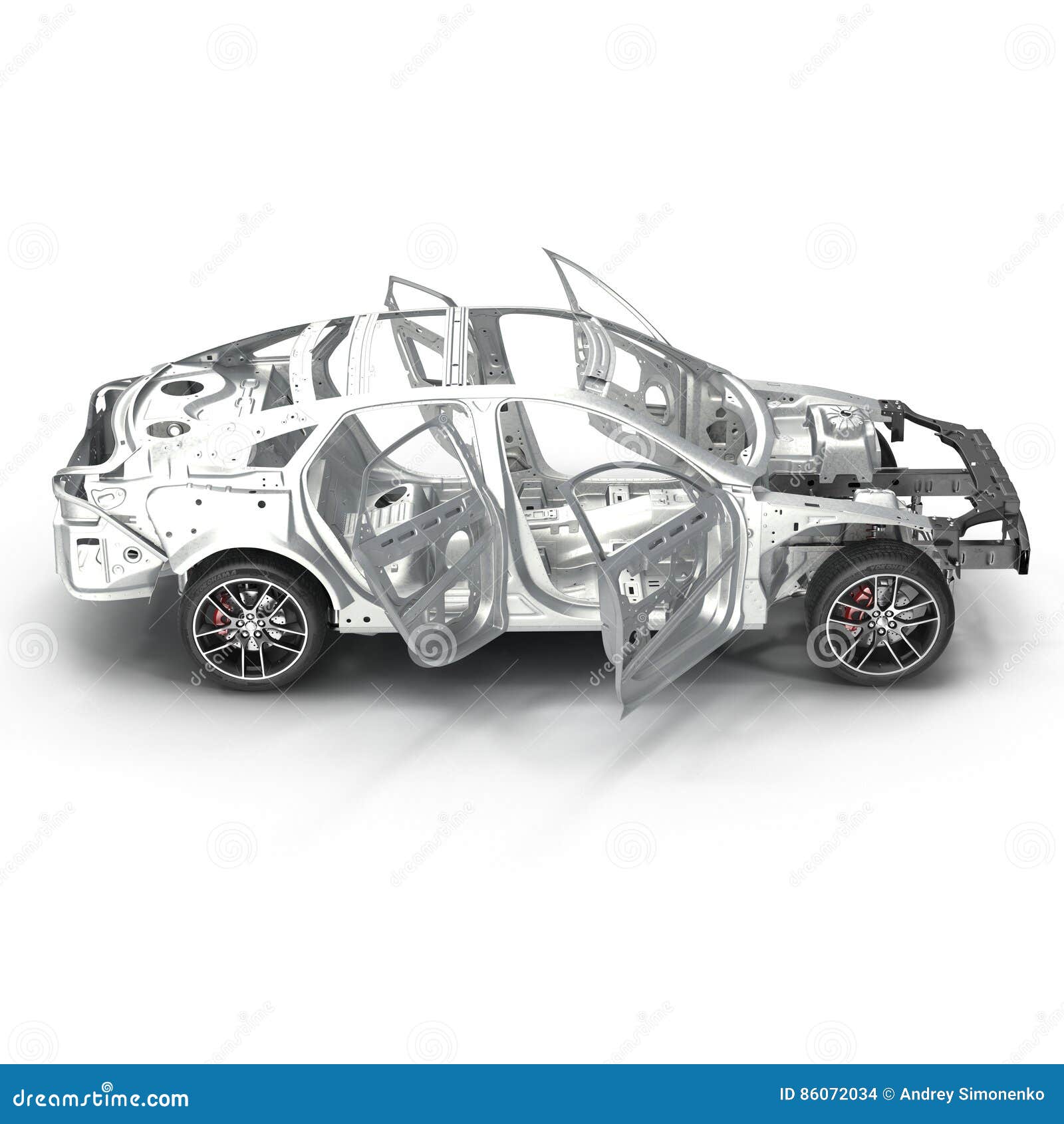 Skeleton of a Car with Chassis on White. Side View. 3D Illustration ...