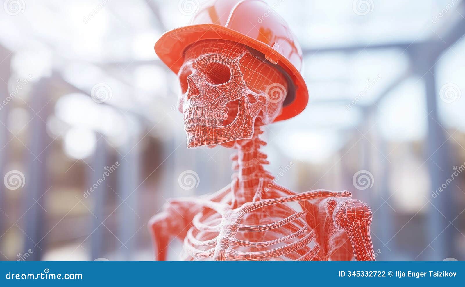Skeleton Construction Worker with Hard Hat on Abstract Construction Site CGI Rendering Stock ...