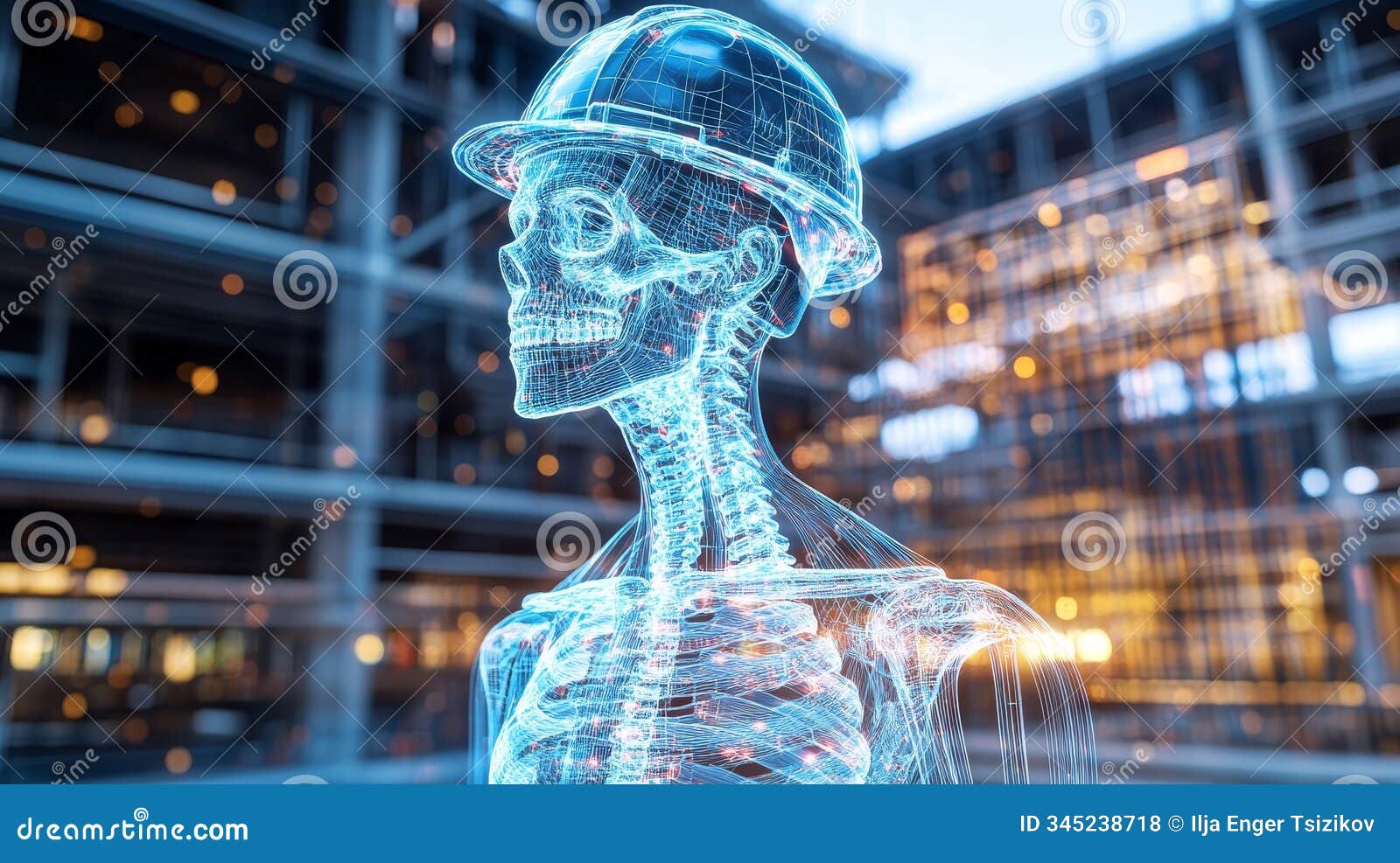 Skeleton Construction Worker in Hard Hat at Futuristic Construction ...