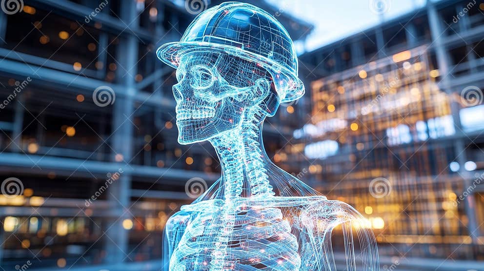 Skeleton Construction Worker in Hard Hat at Futuristic Construction ...