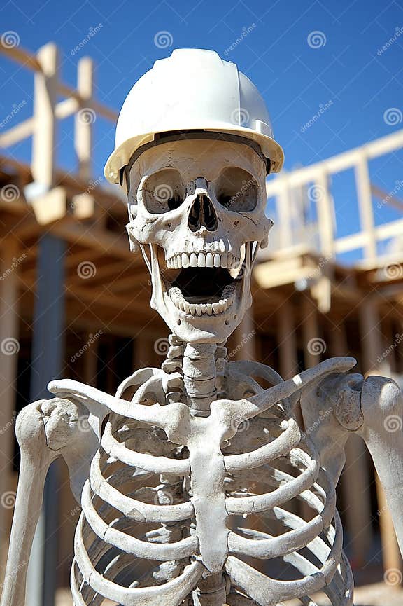 Skeleton Construction Worker with Hard Hat Smiling on Construction Site ...