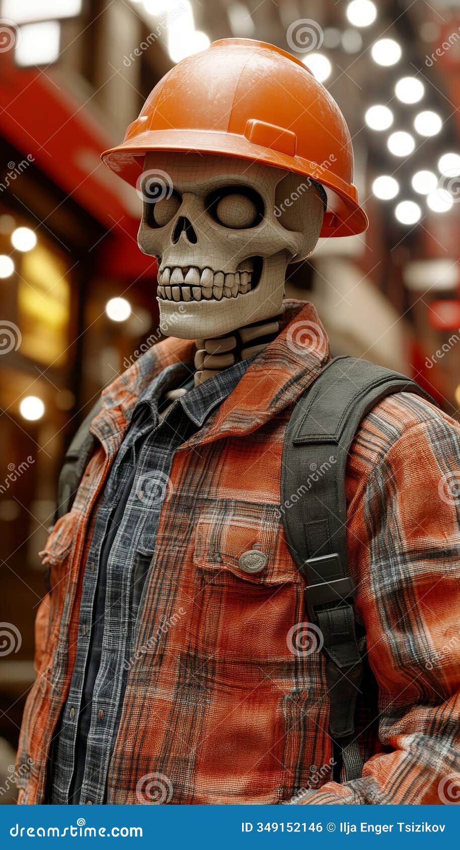 Skeleton Construction Worker with Hardhat and Backpack in Urban Setting ...