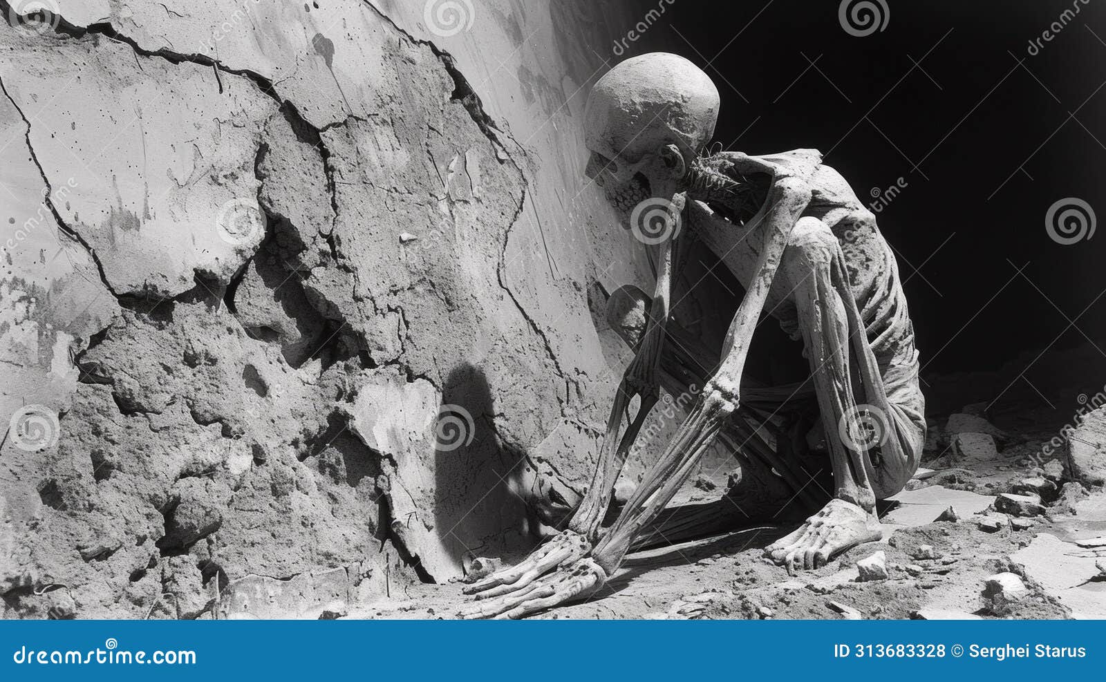 A Skeleton Crouches in Front of a Crumbling Wall, AI Stock Photo ...
