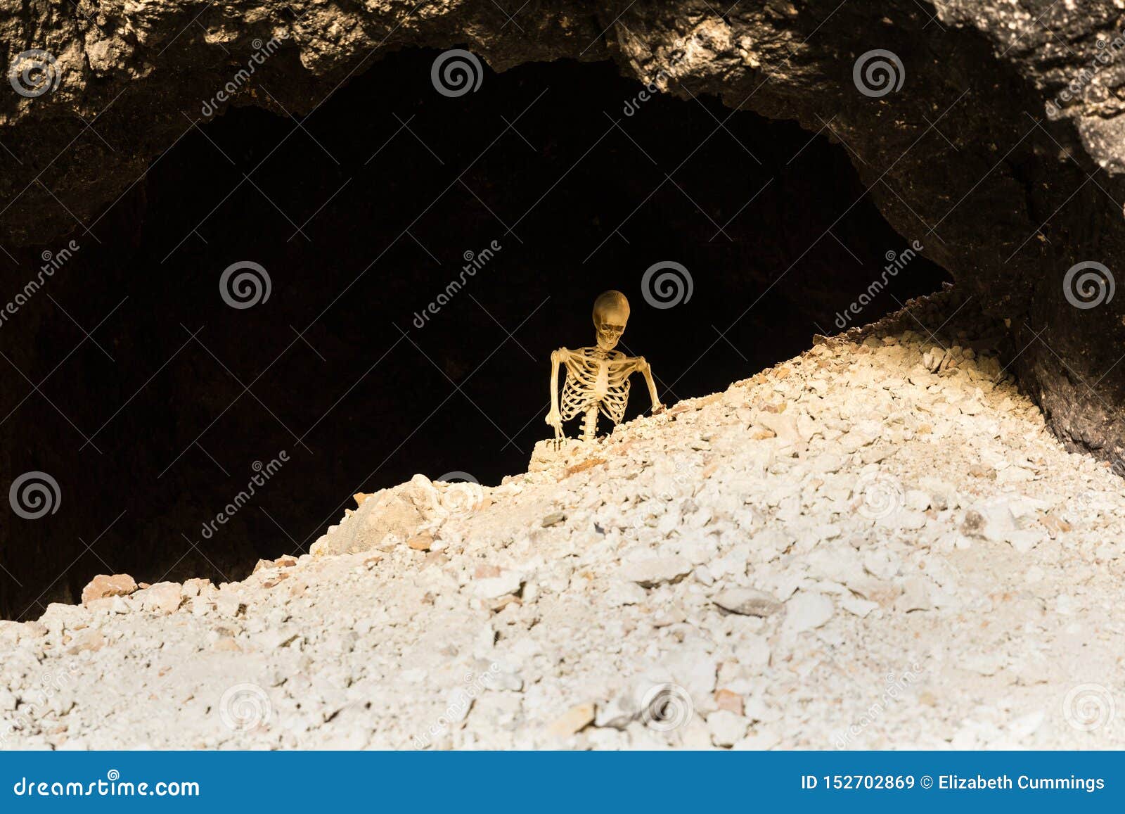 Skeleton in a Dark Cave in the Ground Crawling on Rocks Stock Image ...