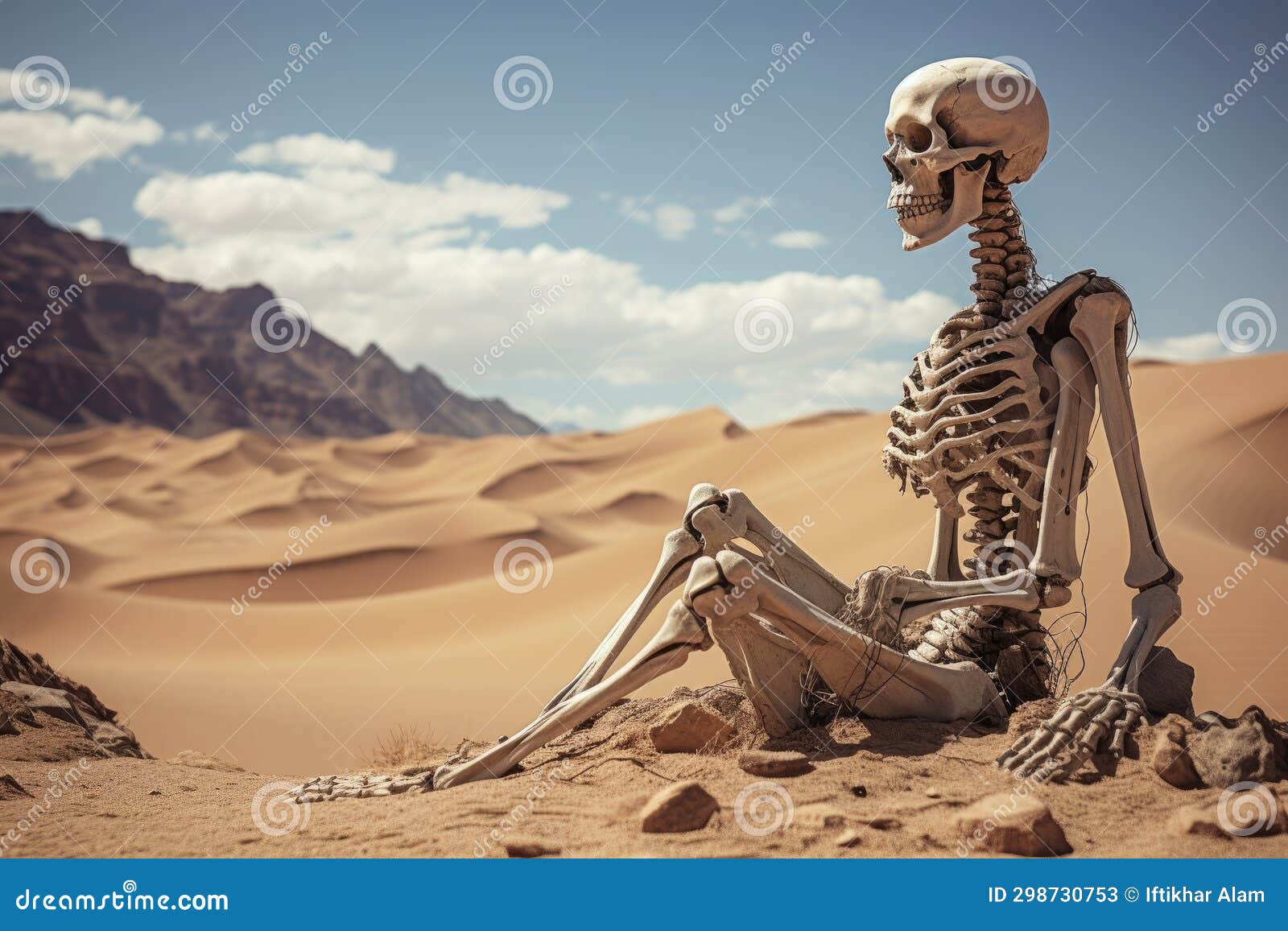 Skeleton in the Desert with Sand Dunes and Blue Sky, a Skeleton in the ...
