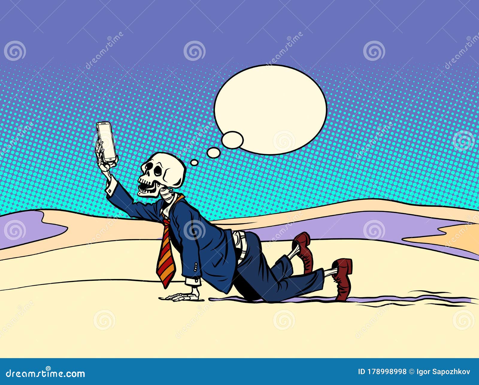 A Skeleton In The Desert With A Smartphone Looking For Cellular Vector ...