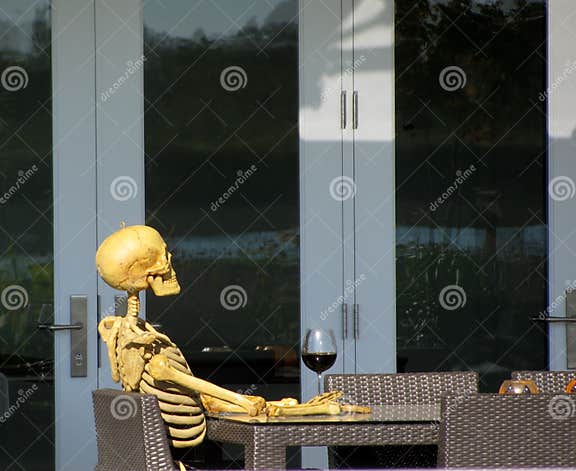Skeleton drinking red wine stock photo. Image of death - 74901508