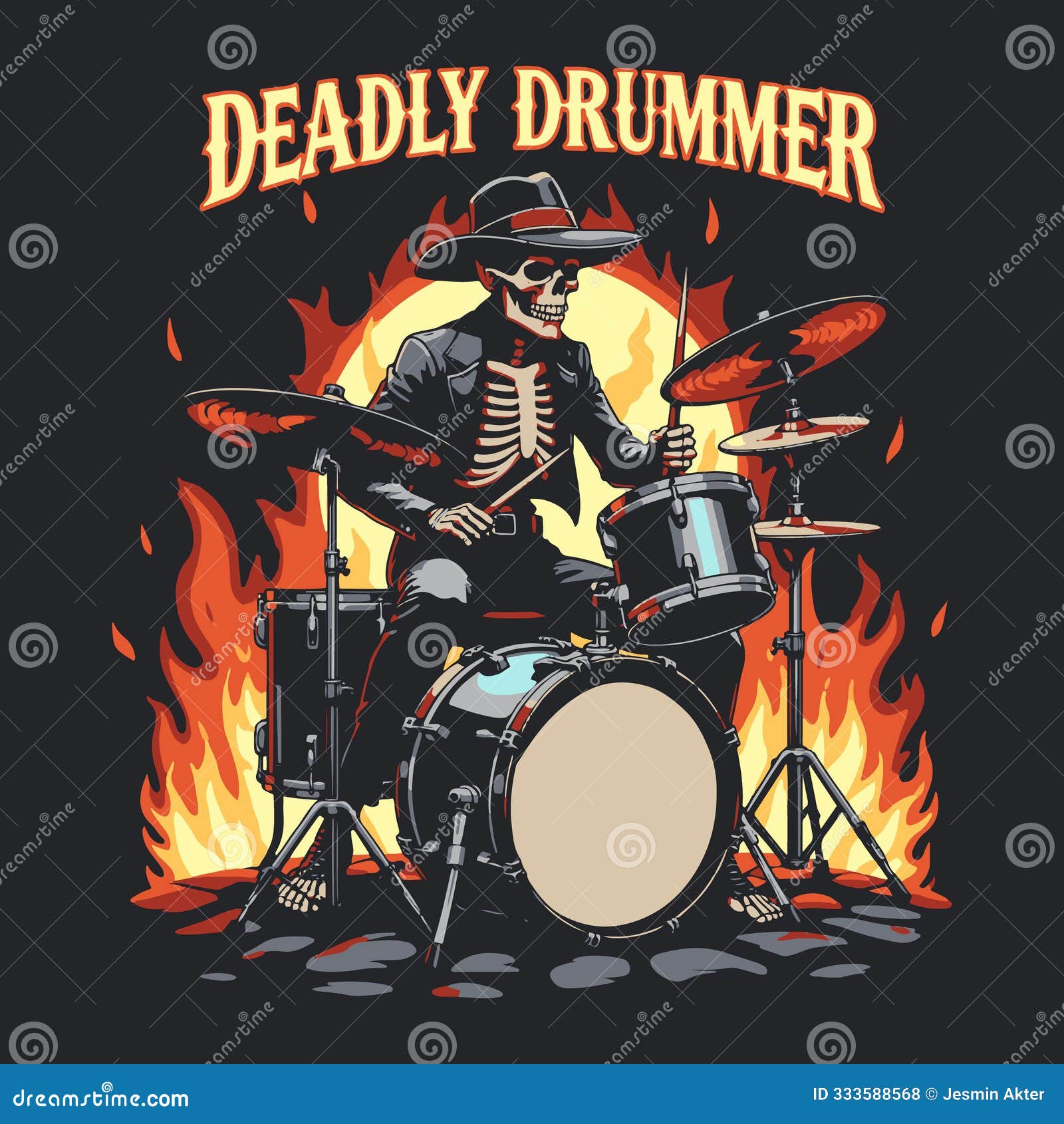 A Skeleton Drummer Playing a Drum Set Amidst Roaring Flames with Bold ...